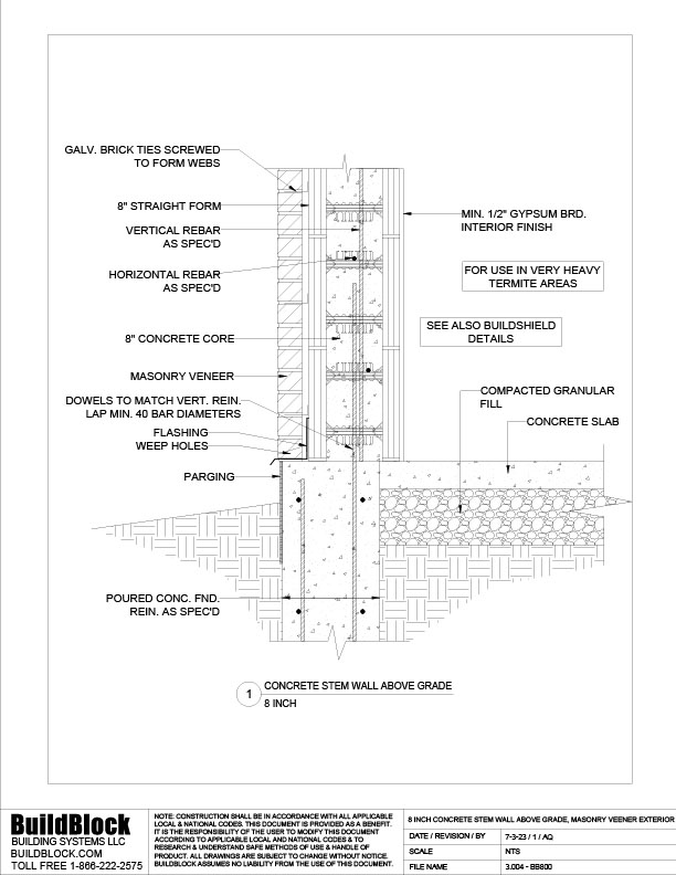 3.004 - BB800 8 inch Concrete Stem Wall Above Grade Masonry Veener Exterior (DWG) - BuildBlock ...