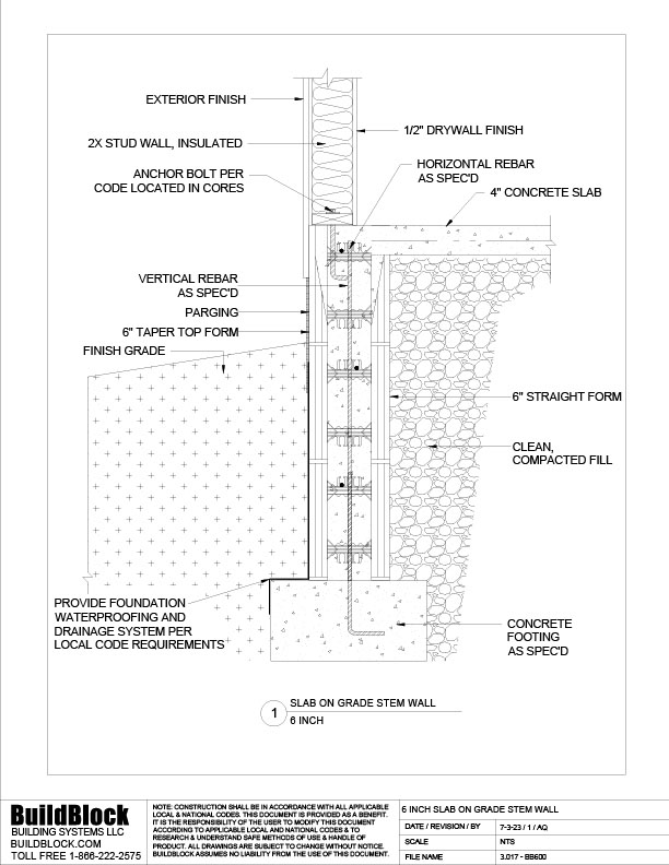 3.017 - BB600 6 inch Slab on Grade Stem Wall (DWG) - BuildBlock ...