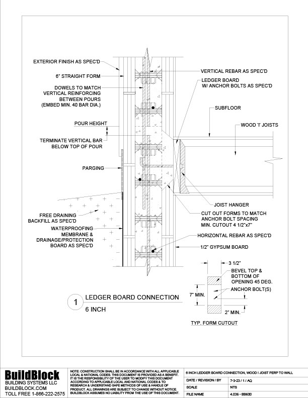 4.036 - BB600 6 inch Ledger Board Connection, Wood I Joist Perp to Wall ...