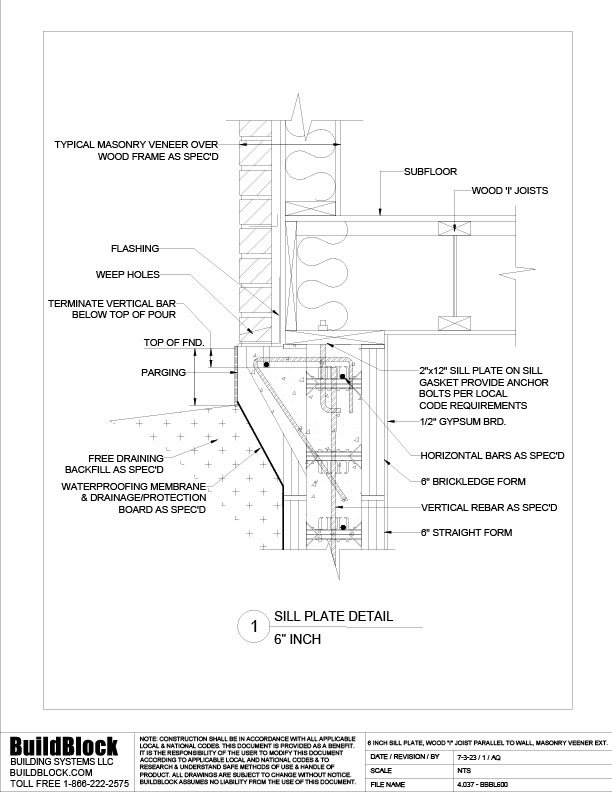 4.037 - BBBL600 6 inch Sill Plate Detail, Wood I Joist Parallel to Wall ...