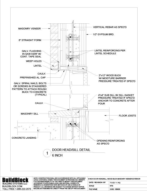5.002 - BB600 6 inch Door Head Sill, Wood Buck Masonry Veener Exterior ...